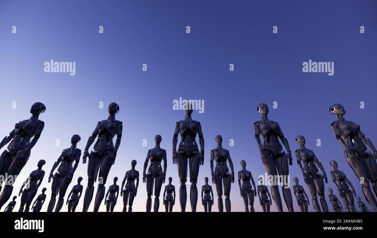 Army Of Ai Smart Futuristic Humanoid Cyborg Robots Standing In A Row