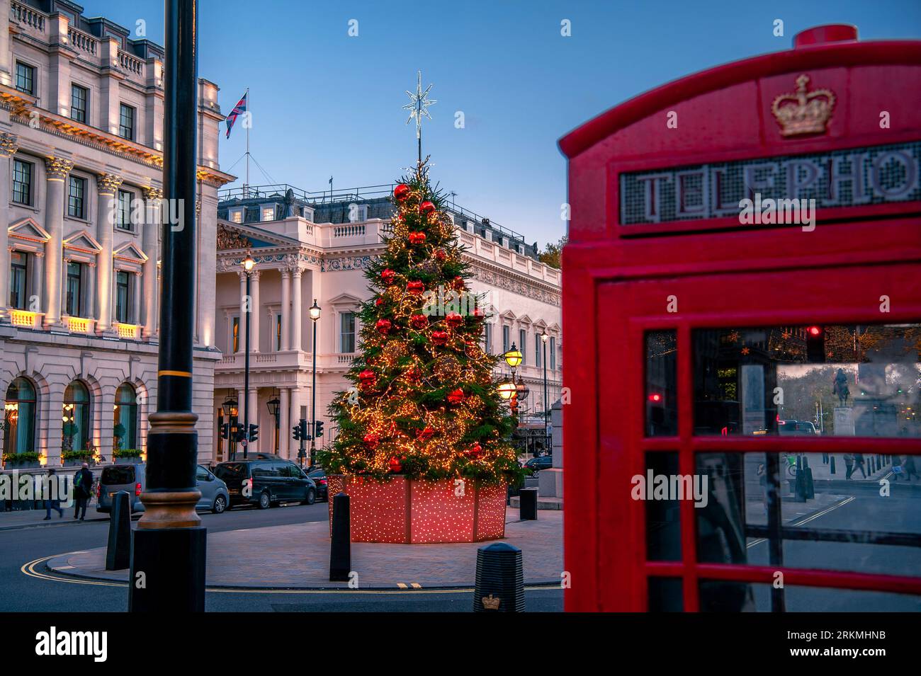 Christmas scene outdoors in London, with decorated tree and red ...