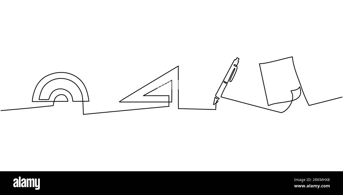 Continuous one single line of ruler, pen and paper isolated on white ...