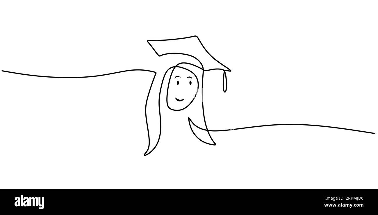 Continuous one single line of little girl using graduation hat isolated ...