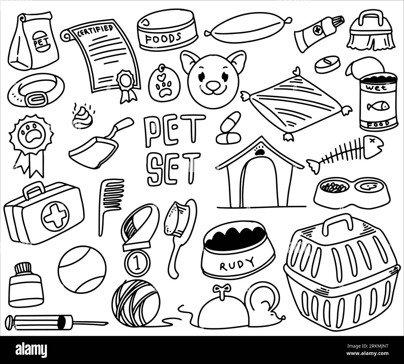 Set of doodle hand drawn pet equipment stuff collection isolated on ...