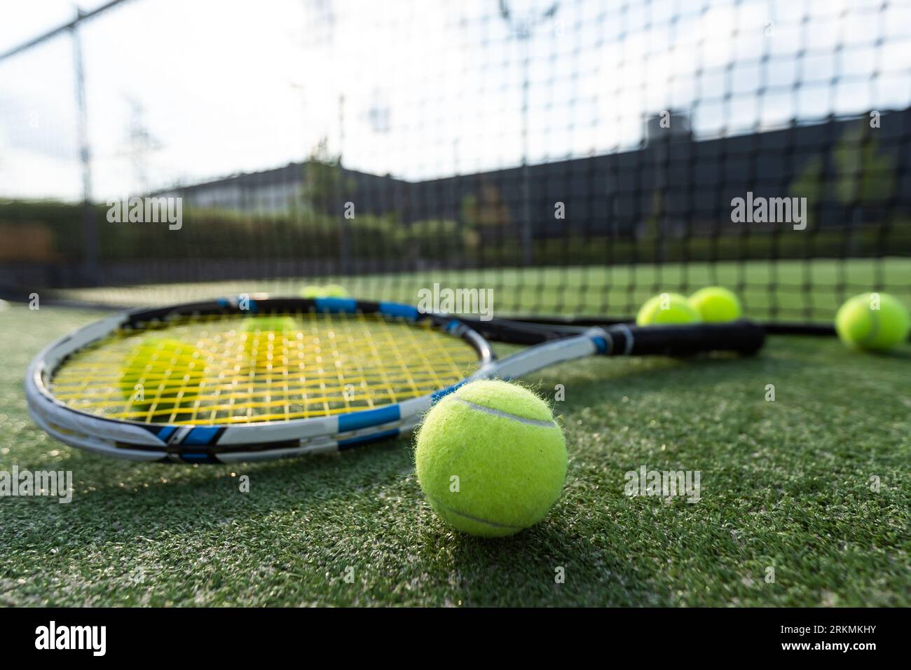 View of empty lawn tennis court with tennis ball Stock Photo - Alamy