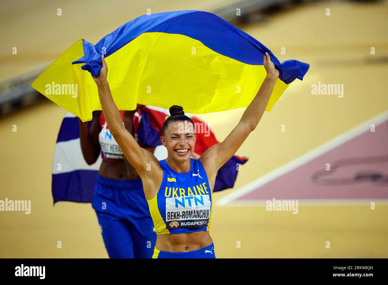 Maryna Bekh-Romanchuk, of Ukraine, celebrates after winning a silver ...