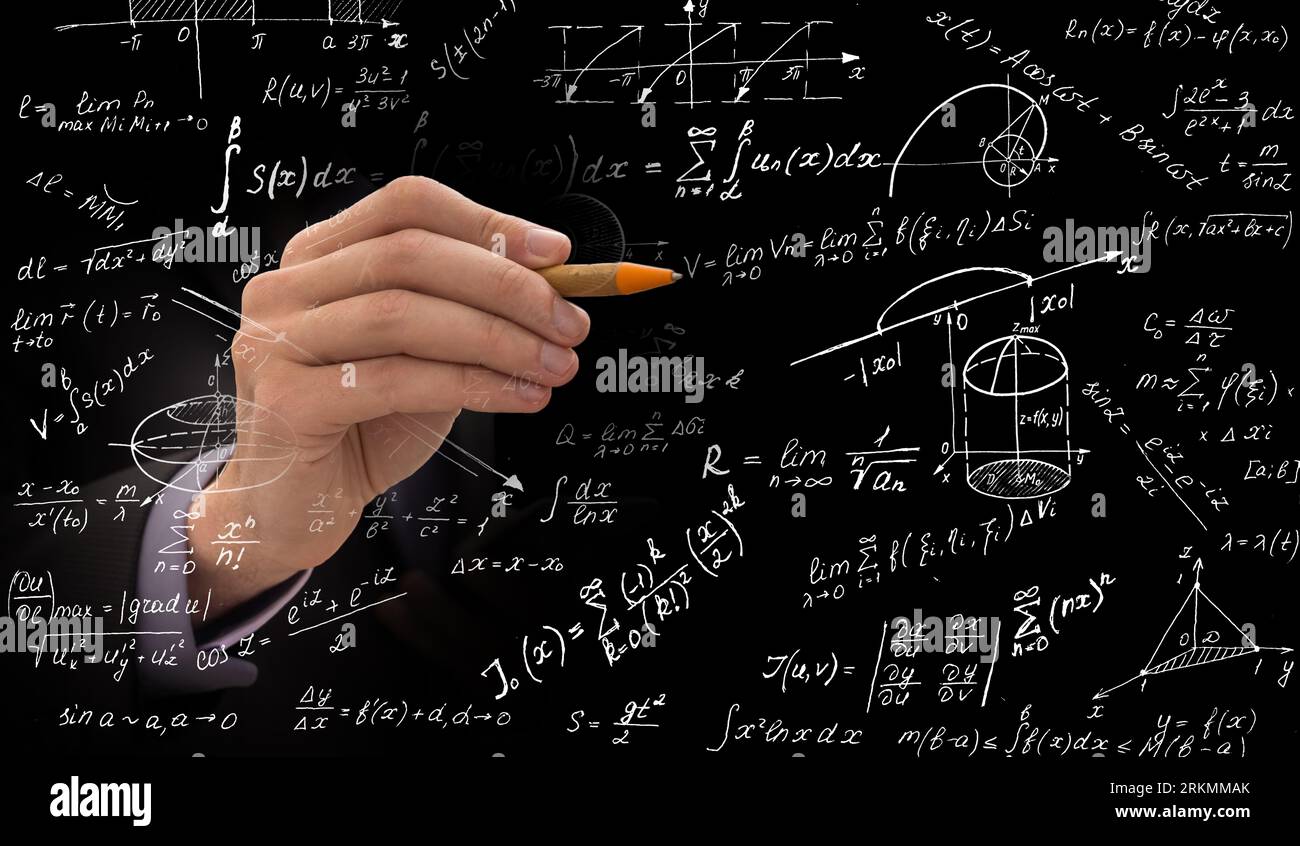 Male hand writing mathematical formulas on blurry background. Science ...