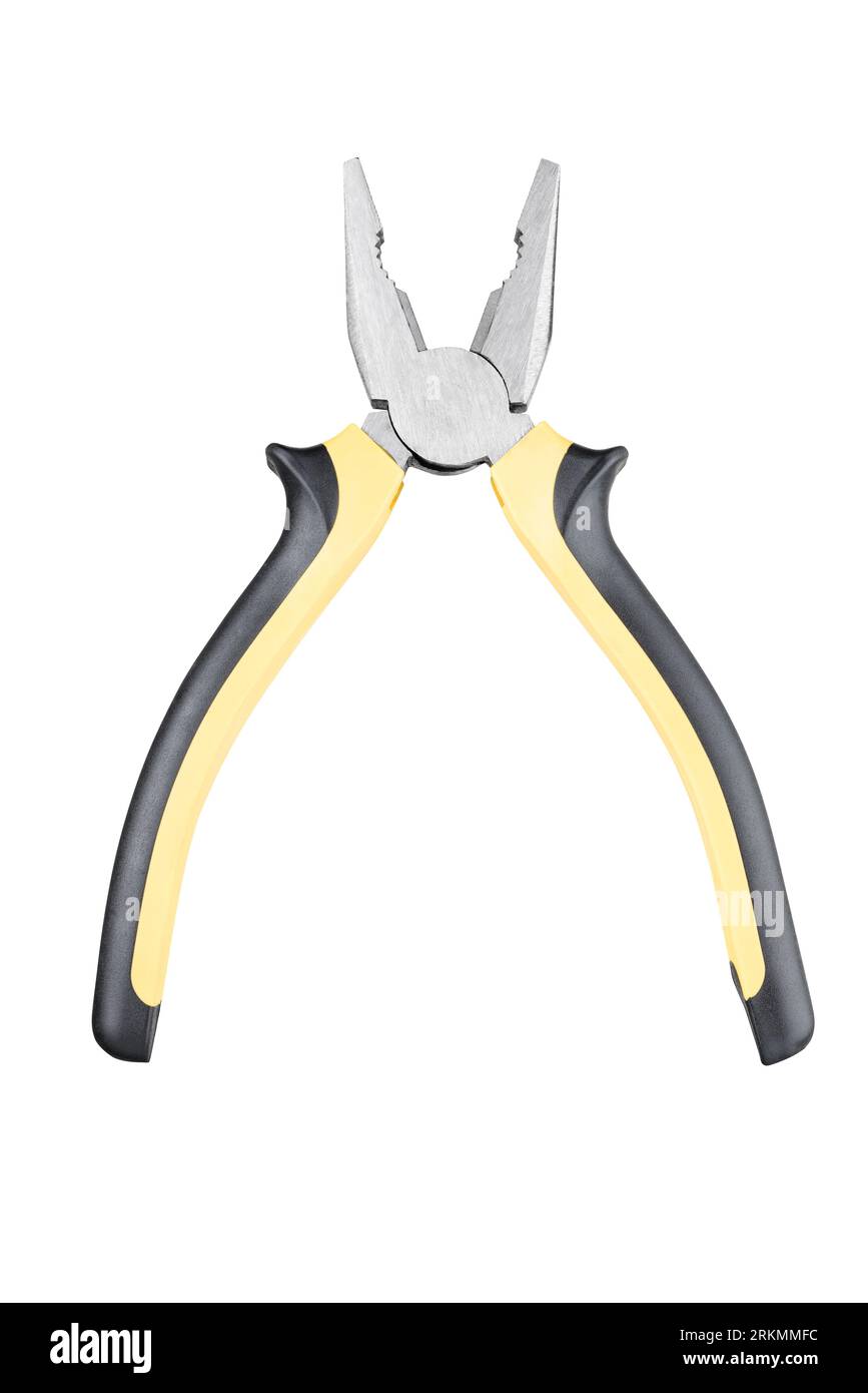 Yellow open pliers isolated on white background. Pliers for repairing ...
