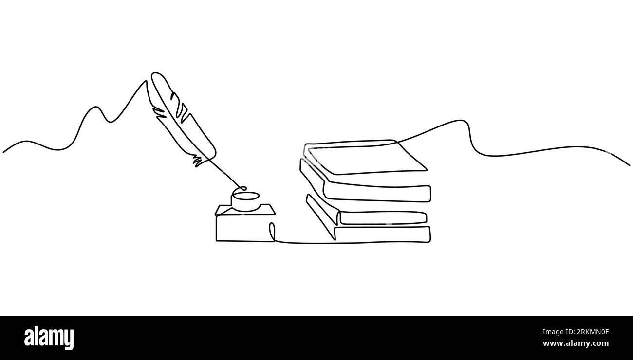 Continuous one single line of pen and book isolated on white background ...