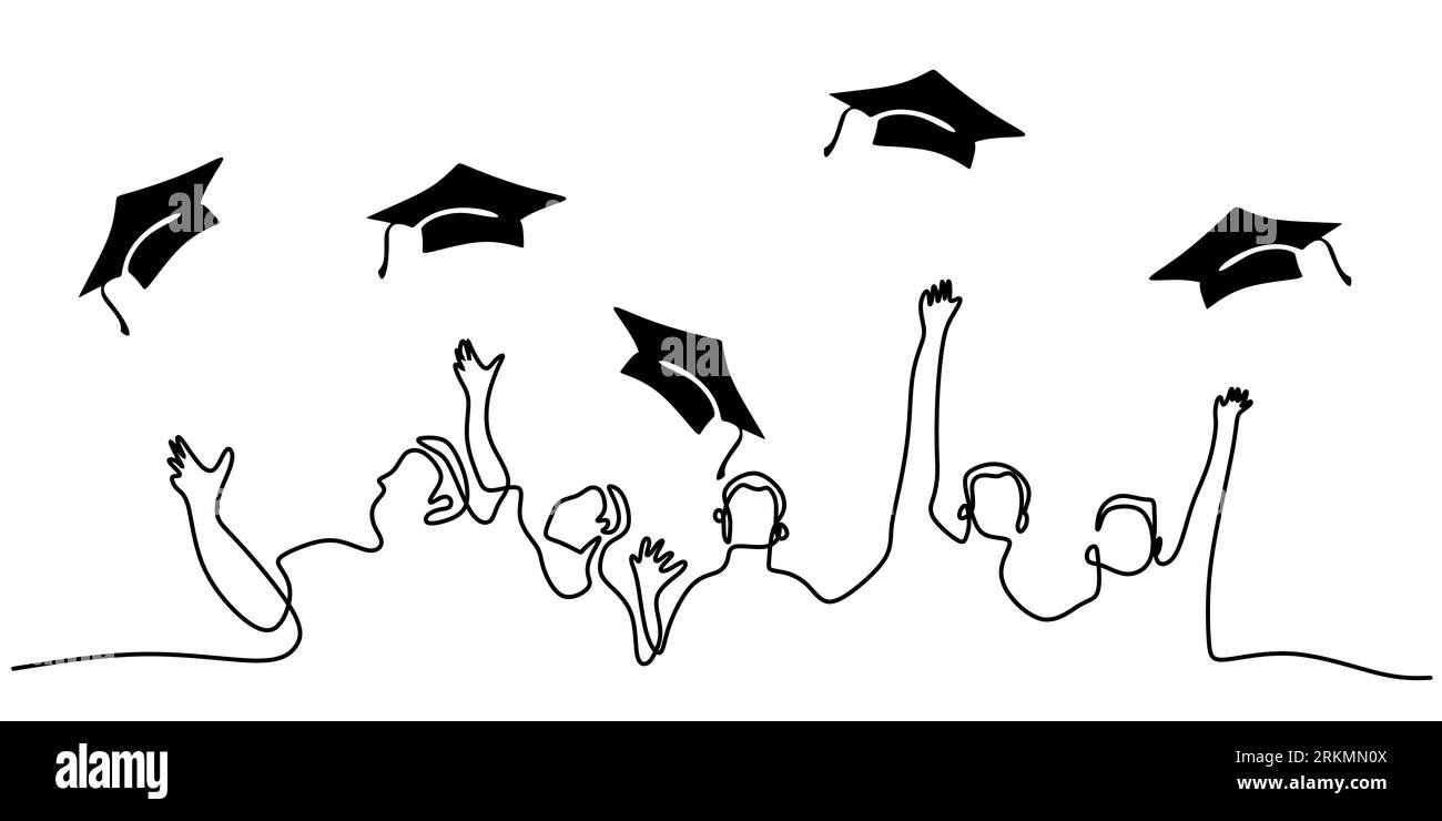 Continuous one single line of students throw their graduation hat ...