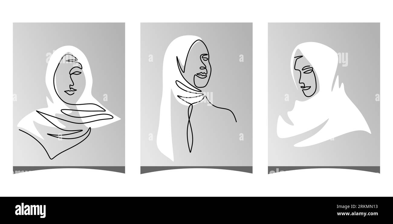 Continuous one single line of three hijab women posters isolated on ...