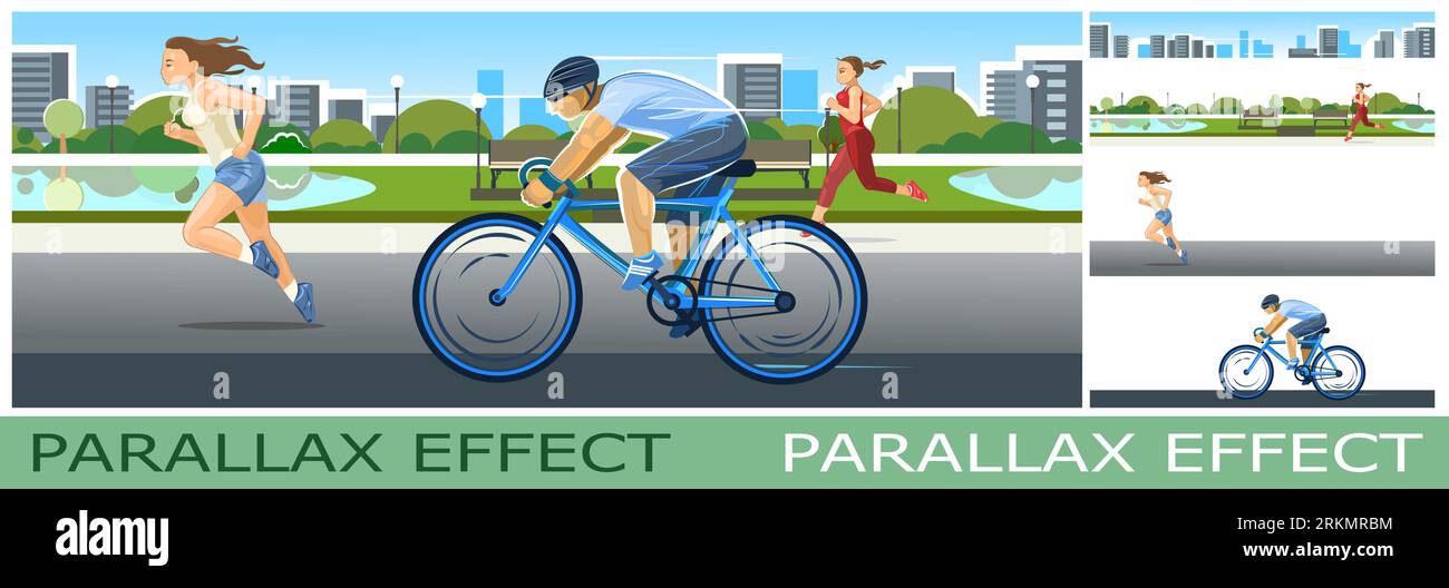 Running track in city park. girls are running. Boy boy rides bike. set ...