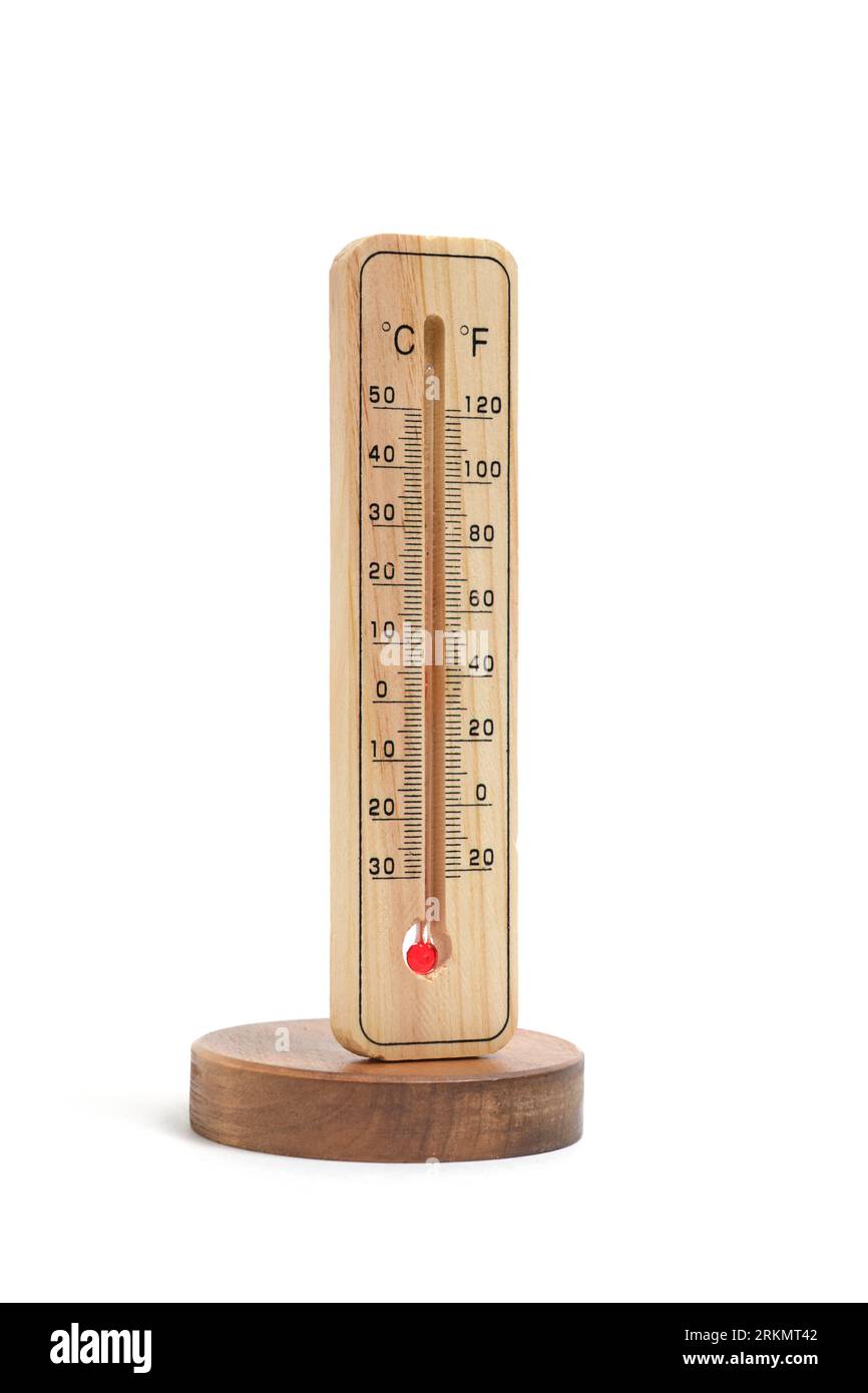 Wooden outdoor thermometer is mounted wooden stand white background ...
