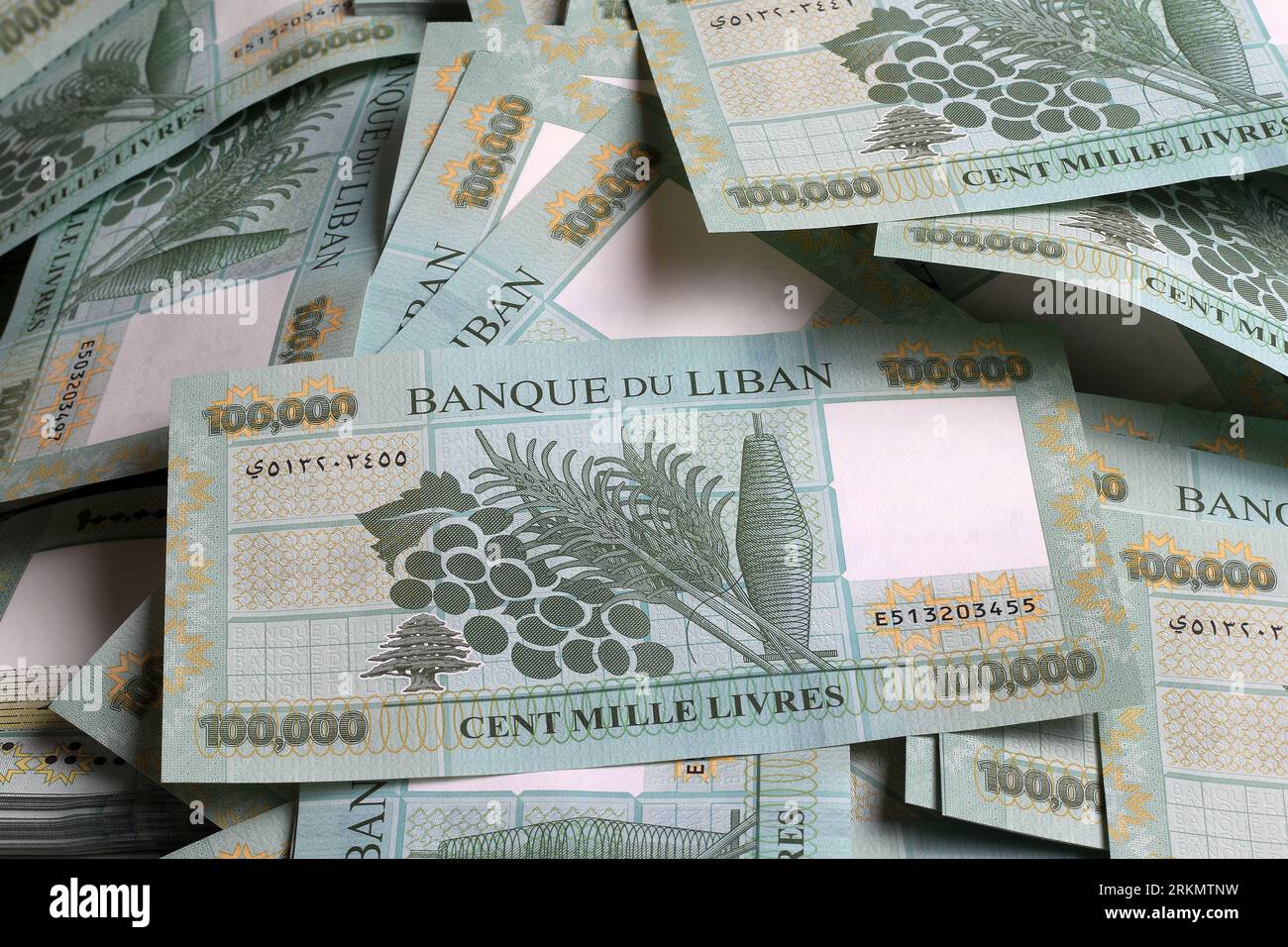 Stacks of Lebanese pounds, 100,000 denomination, symbolizing the ...