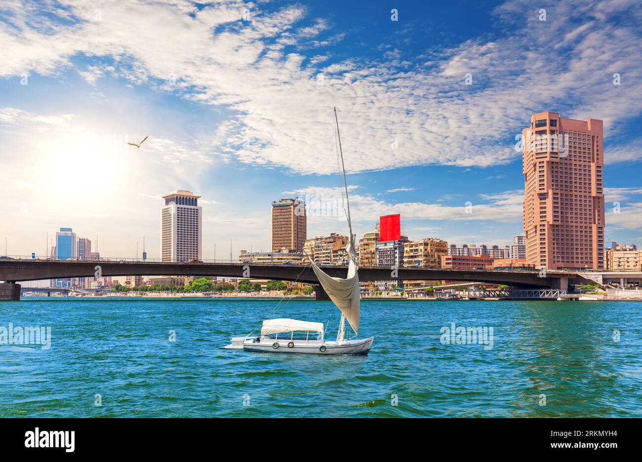 Bridge over the Nile, river board and fancy buildings of Cairo ...