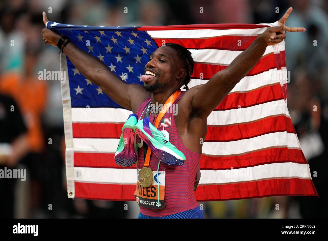 Noah Lyles, of the United States, celebrates after winning the Men's ...