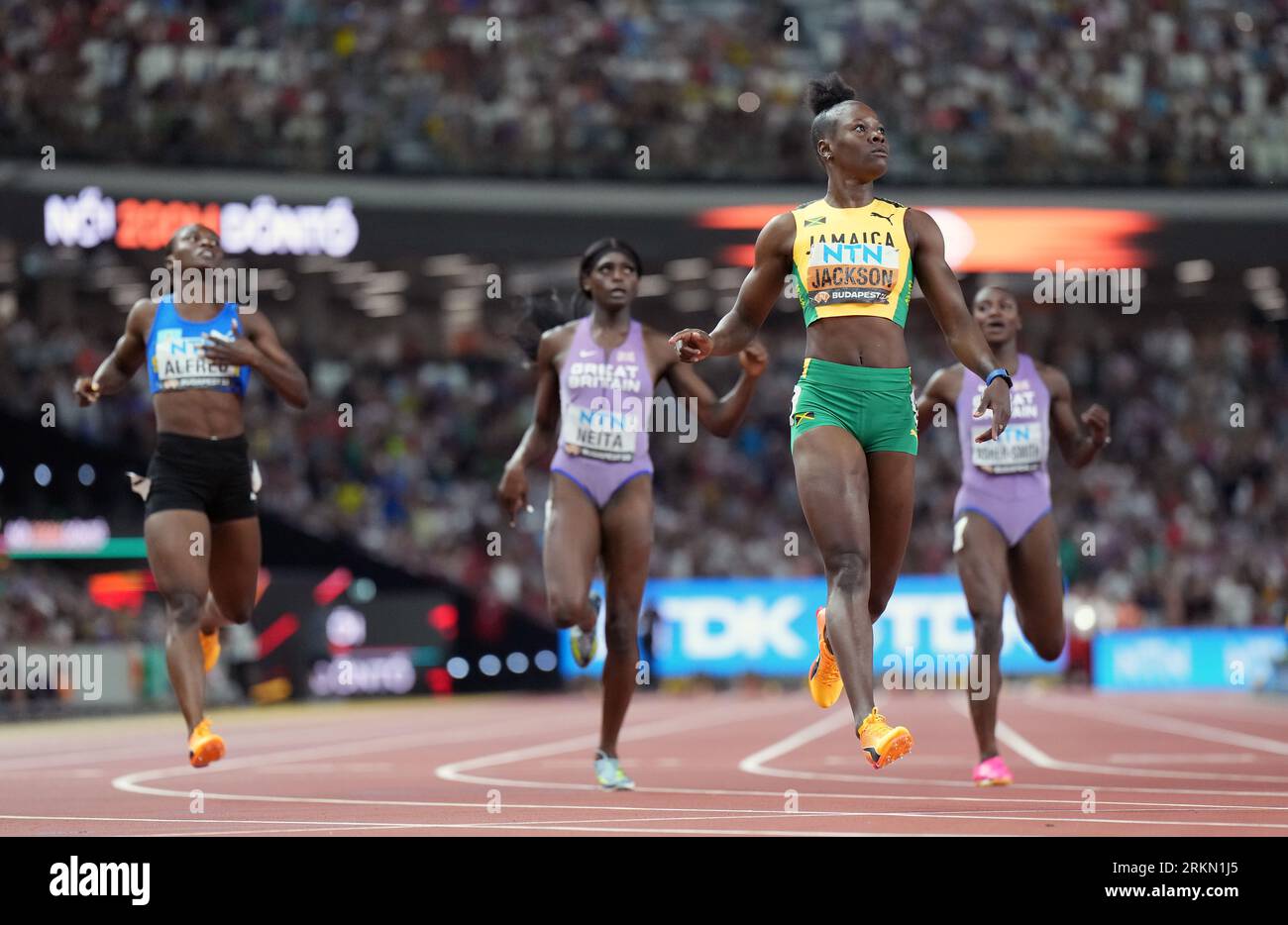Jamaica’s Shericka Jackson wins the Women’s 200m final on day seven of the World Athletics ...