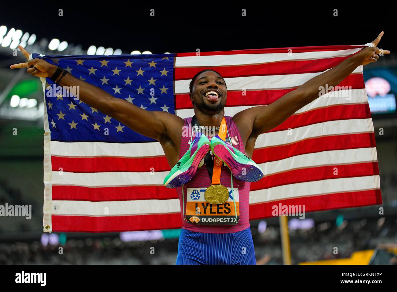 Noah Lyles, of the United States celebrates winning the gold medal in ...