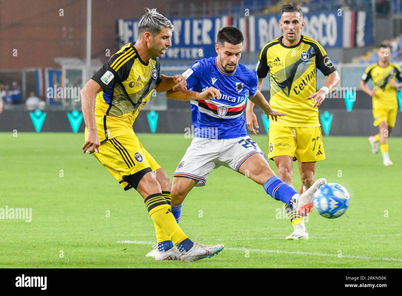 Genoa, Italy. 25th Aug, 2023. Miguel Veloso (Pisa) hampered by Gerard ...