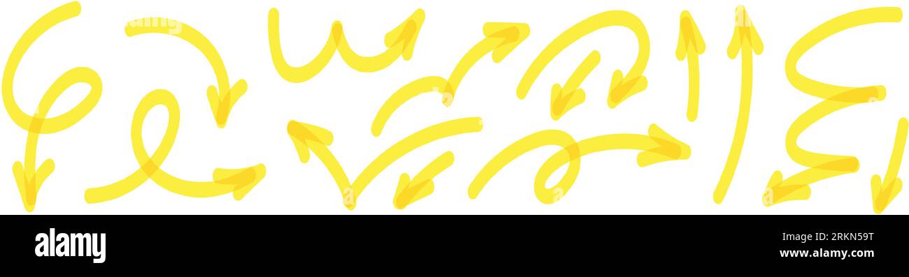 Hand drawn yellow markers arrows doodle set. Various sketch elements ...