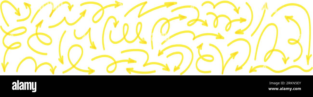 Hand drawn yellow markers arrows doodle set. Various sketch elements ...