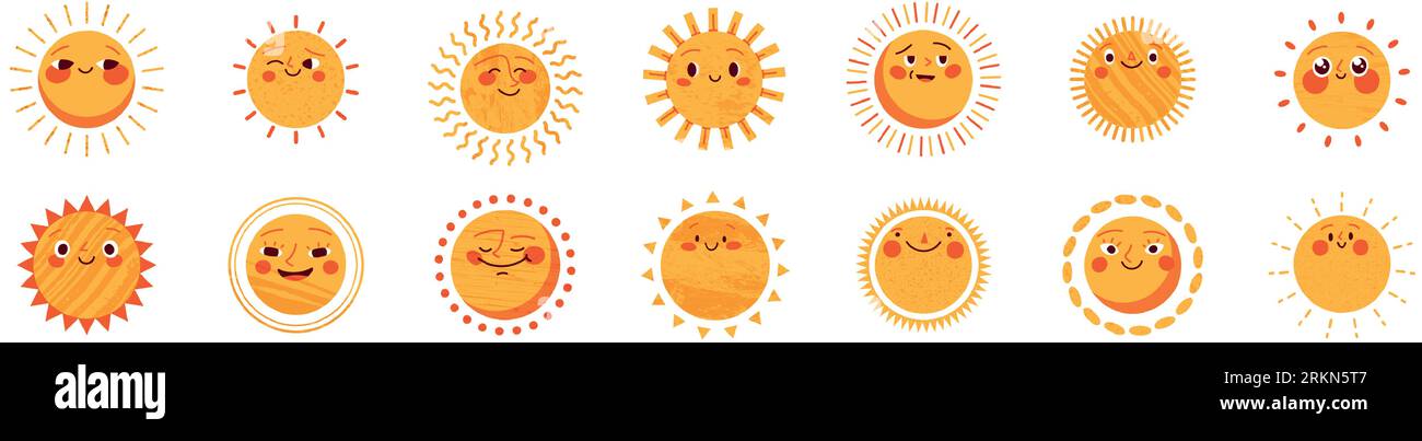 Sun character in cute style, face with a sticker. Sunshine with a smile ...