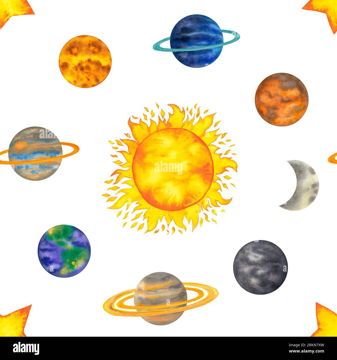 Watercolor Seamless Pattern With Planets Around The Sun Solar System Planet Mercury Venus