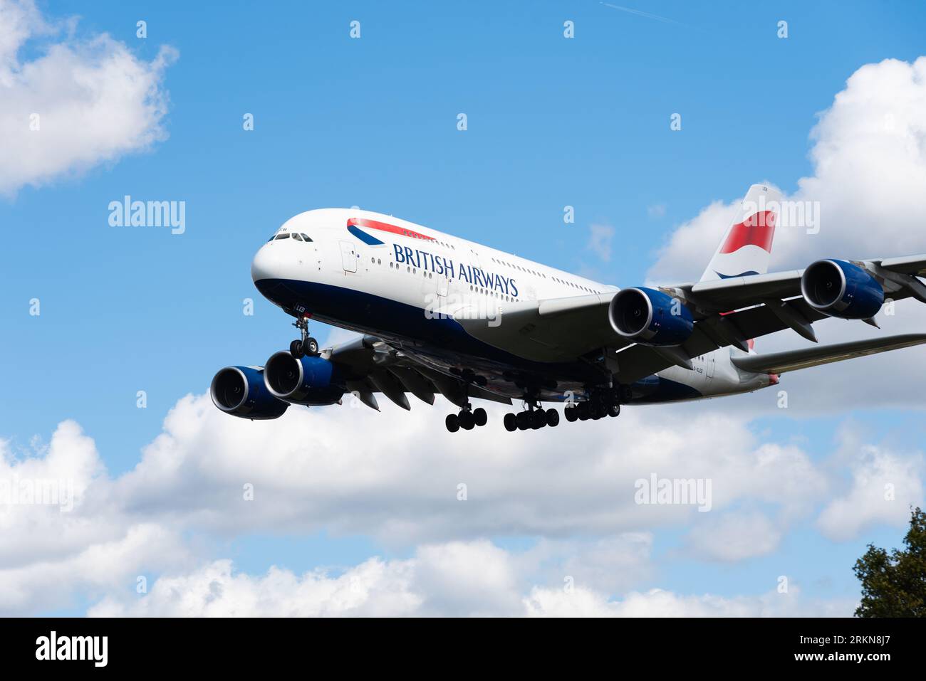 British Airways Airbus A380-841 jet airliner plane G-XLEB on finals to ...