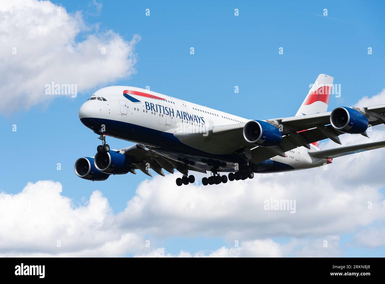 British Airways Airbus A380-841 jet airliner plane G-XLEB on finals to ...