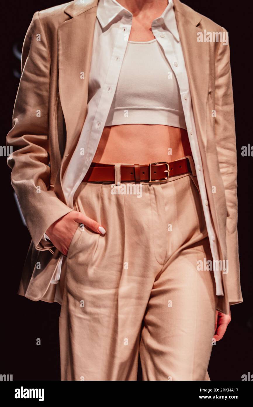 Figure of fashion model woman wearing beige classy costume, pants and ...