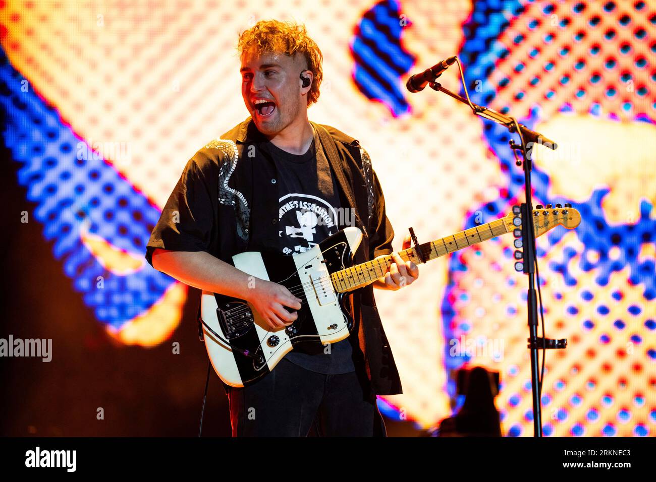 Sam Fender performs at the Reading Music Festival, in Reading, England ...