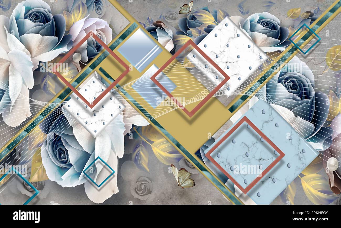 3D view of the 3D wallpaper showing blue roses and white circles on a ...