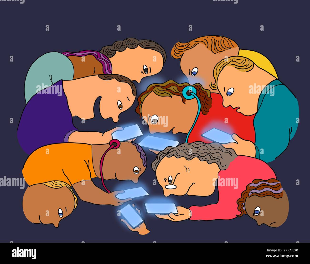 Group of multi-ethnic people staring at blue light on device screen ...