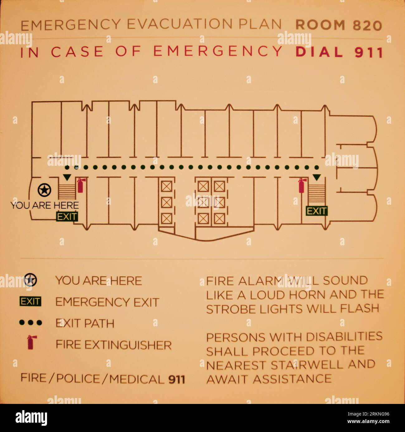 Generic classic school office building evacuation plan signage. Exit ...