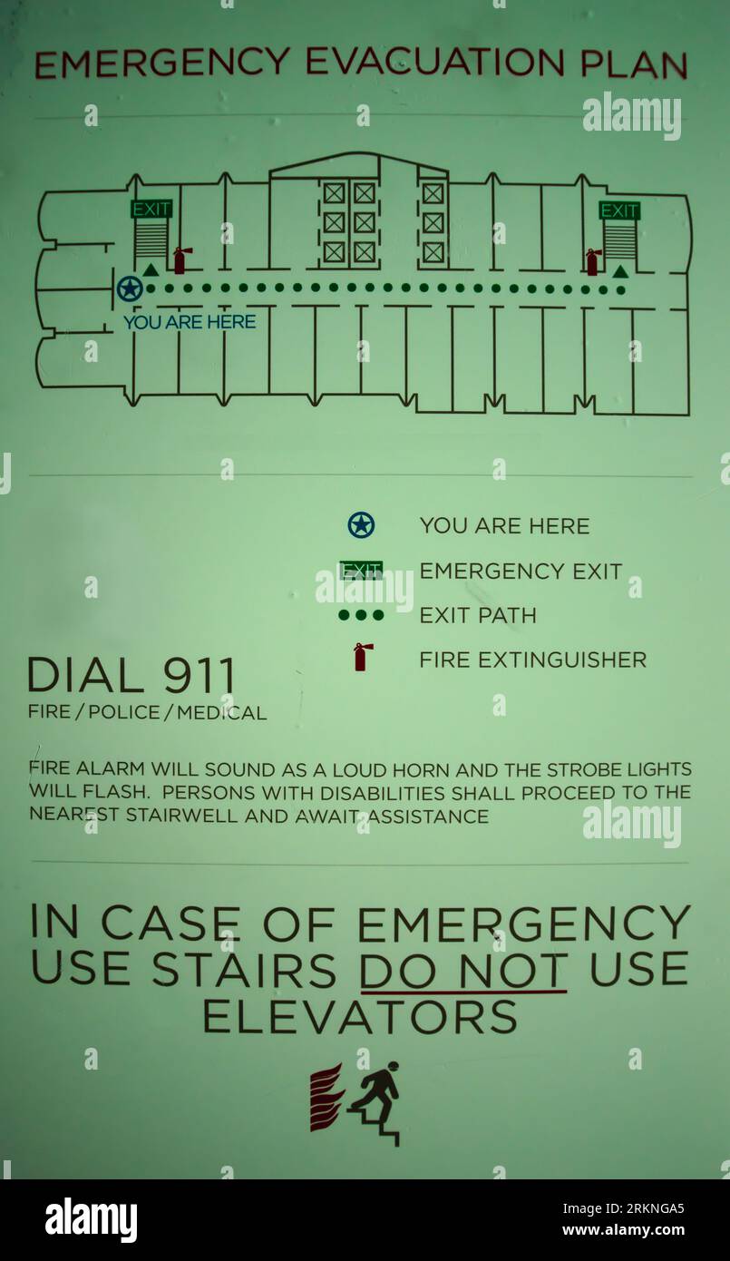 Generic classic school office building evacuation plan signage. Exit ...