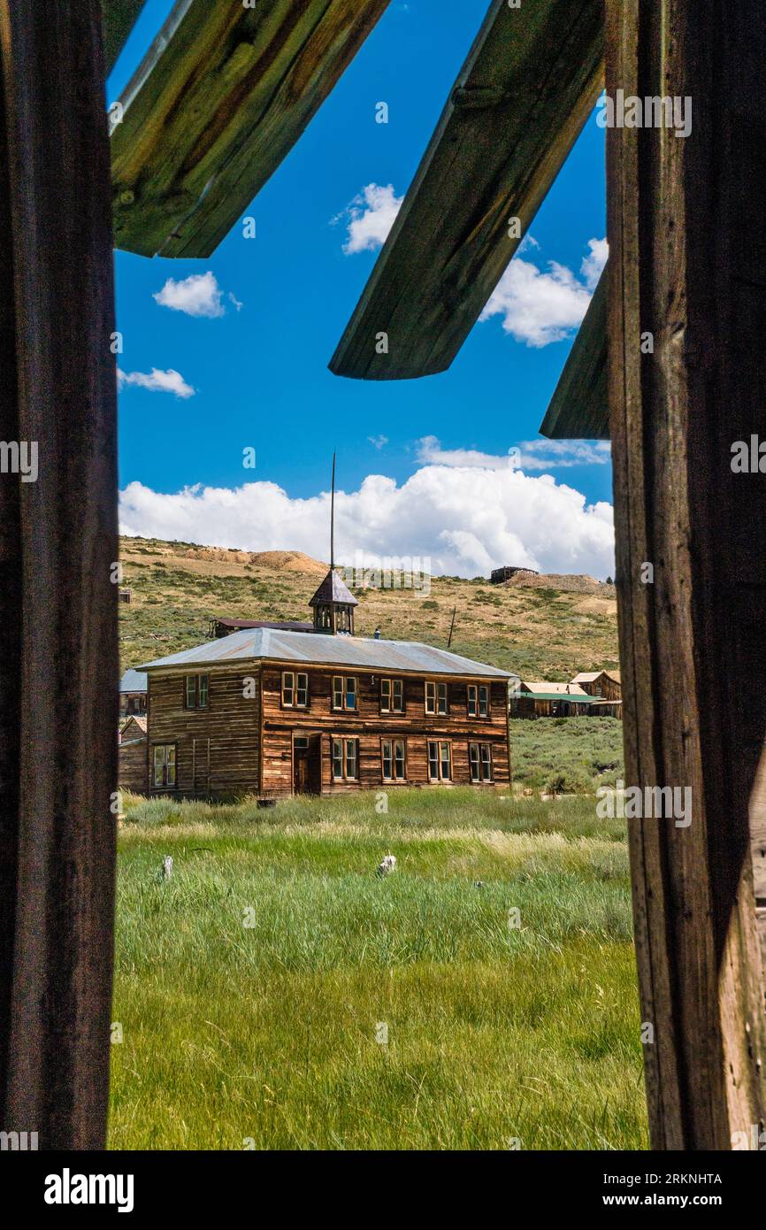 Wooden school house in the Bodie ghost town in California. Bodie is a ...