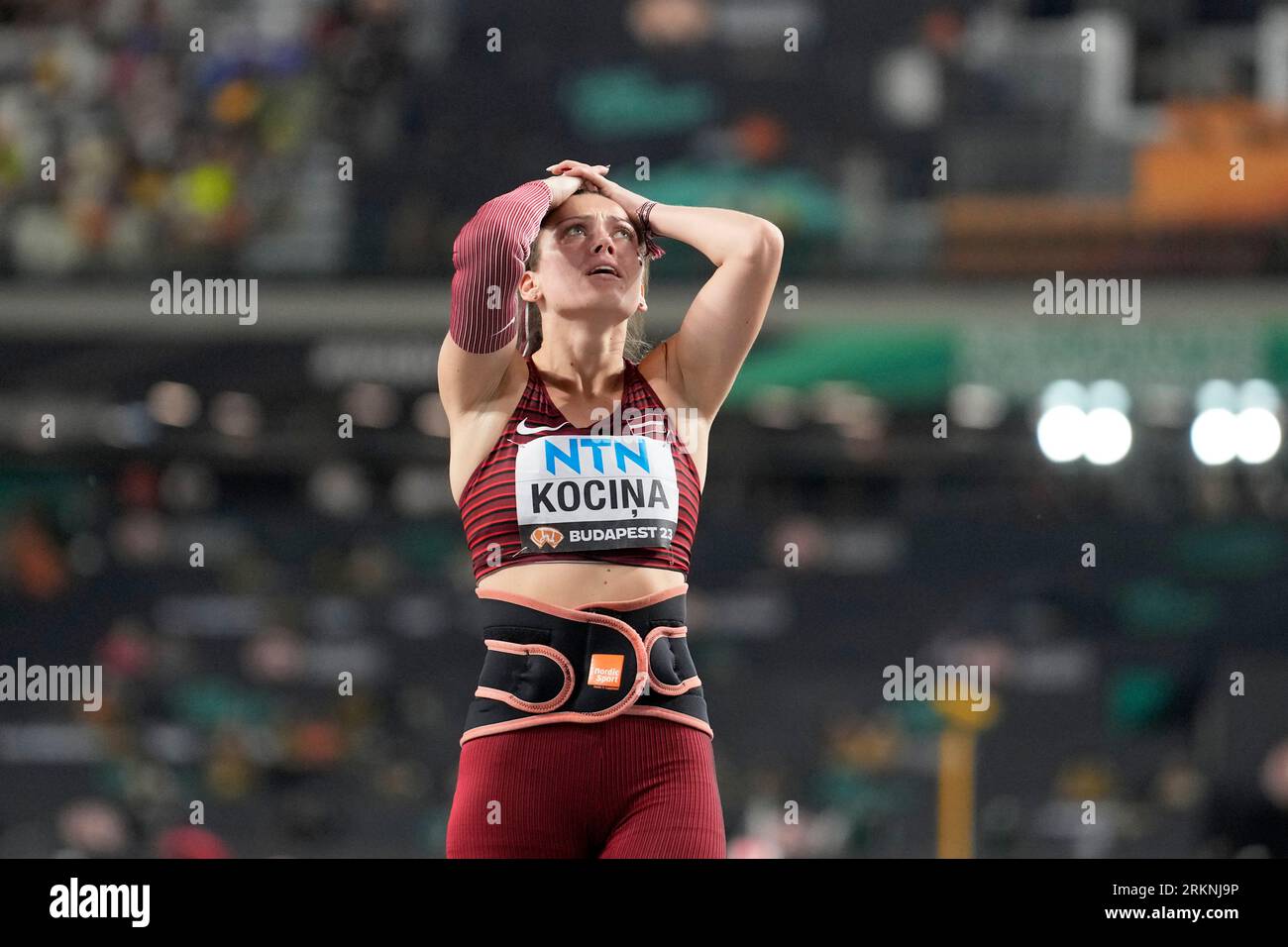 Anete Kociņa, of Latvia, reacts after an attempt in the Women's javelin ...