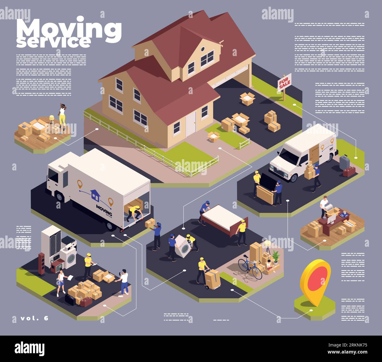 Relocation service isometric flowchart with moving company relocating ...