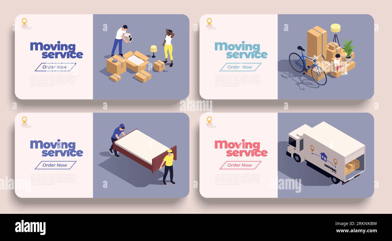 Relocation service isometric banner set with moving company relocating ...