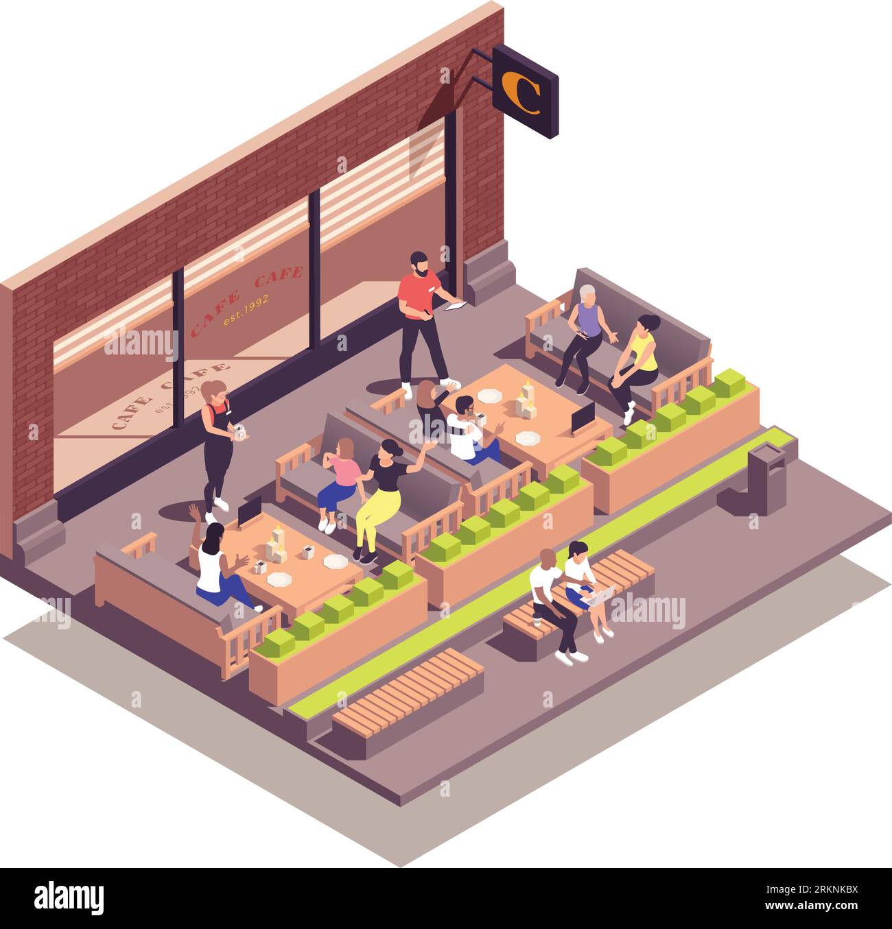 Street cafe isometric concept with people sitting on outdoor terrace ...