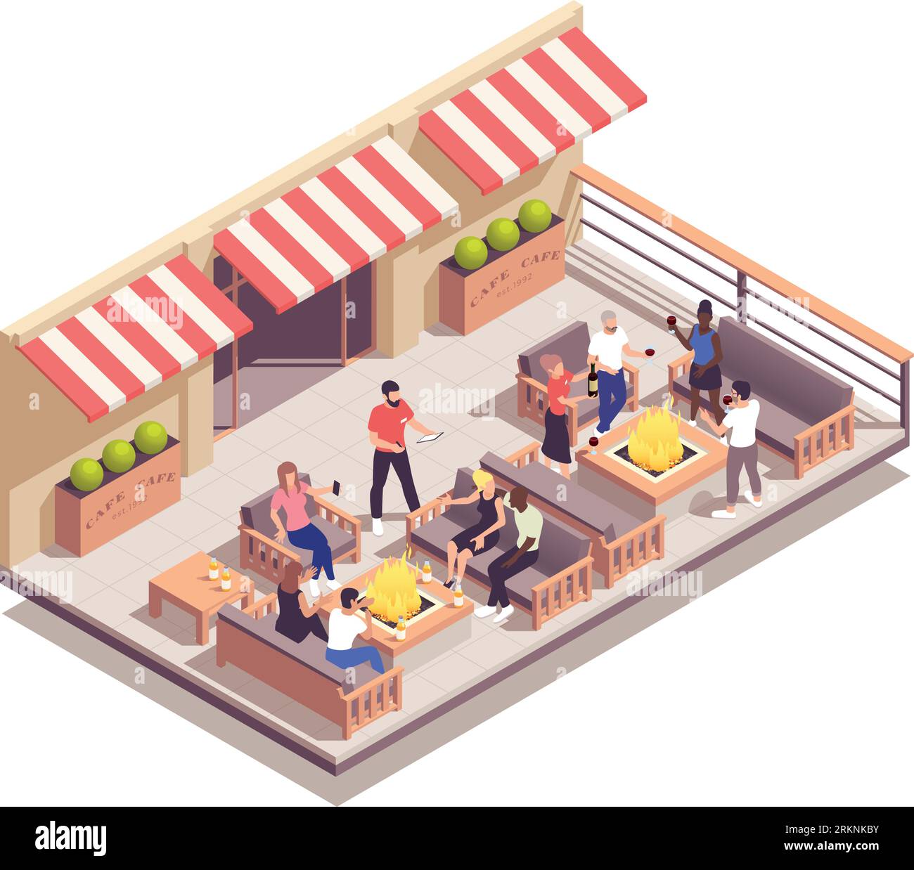 Street cafe isometric concept with restaurant patio terrace vector ...