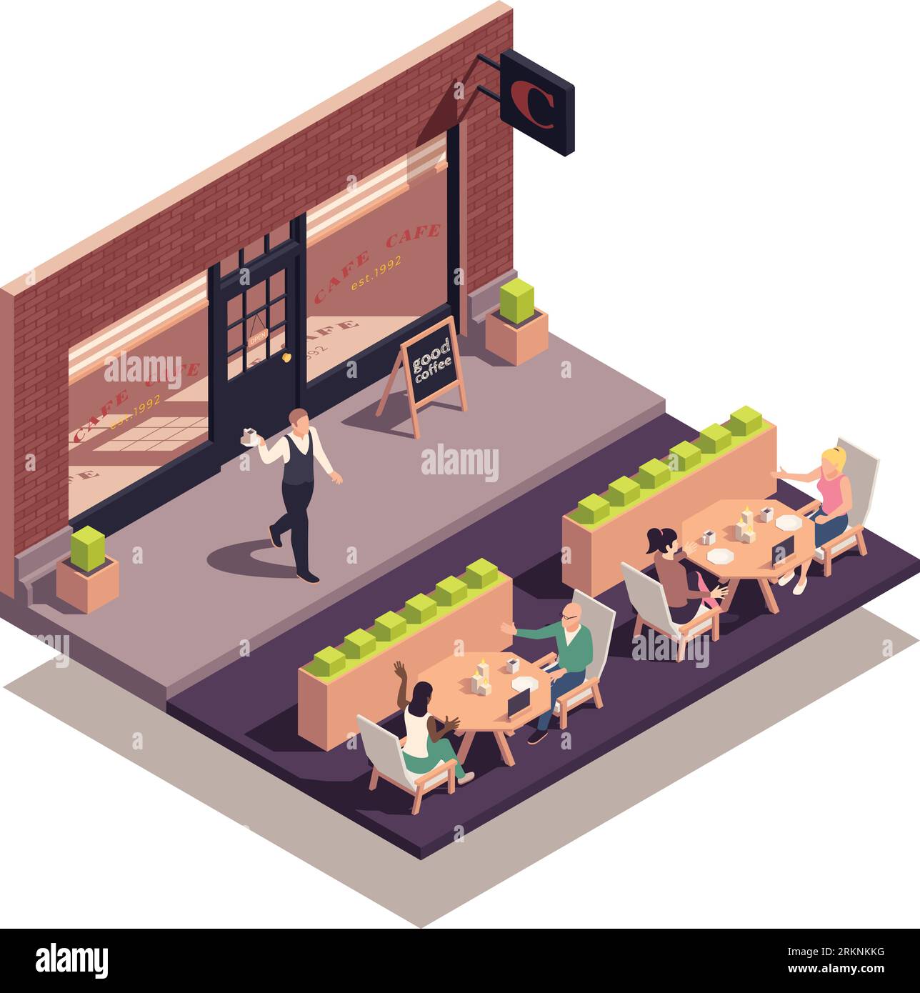 Street cafe isometric concept with people sitting on outdoor terrace ...