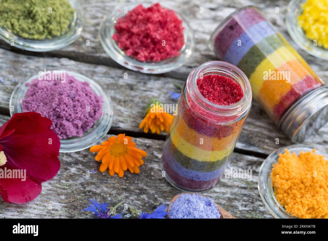 herbal salt from flowers and leaves made from hollyhook, common chicory ...