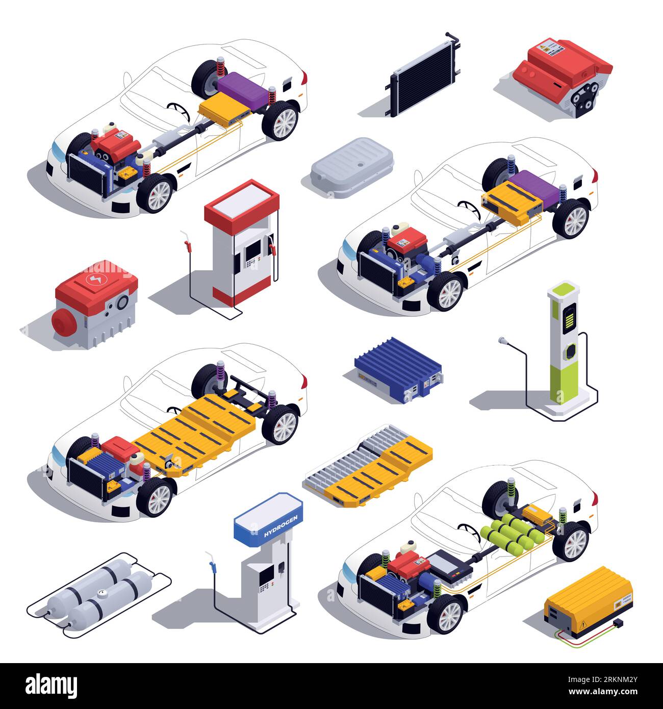 PHEV vehicles isometric icons set with plug in hybrid auto components ...