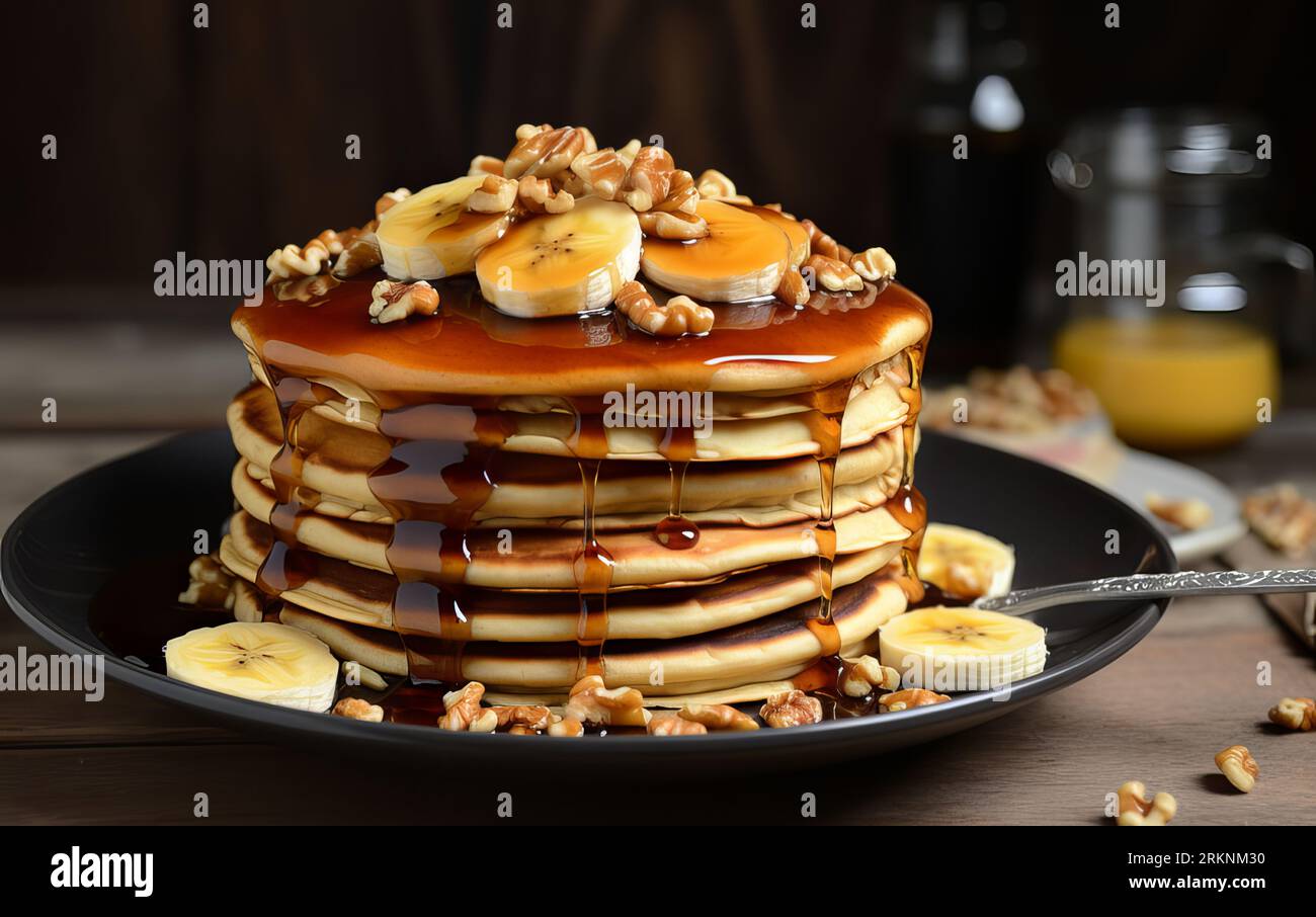 Pancake Stacks with Sliced Bananas, Nutty Walnuts, and a Luxurious ...