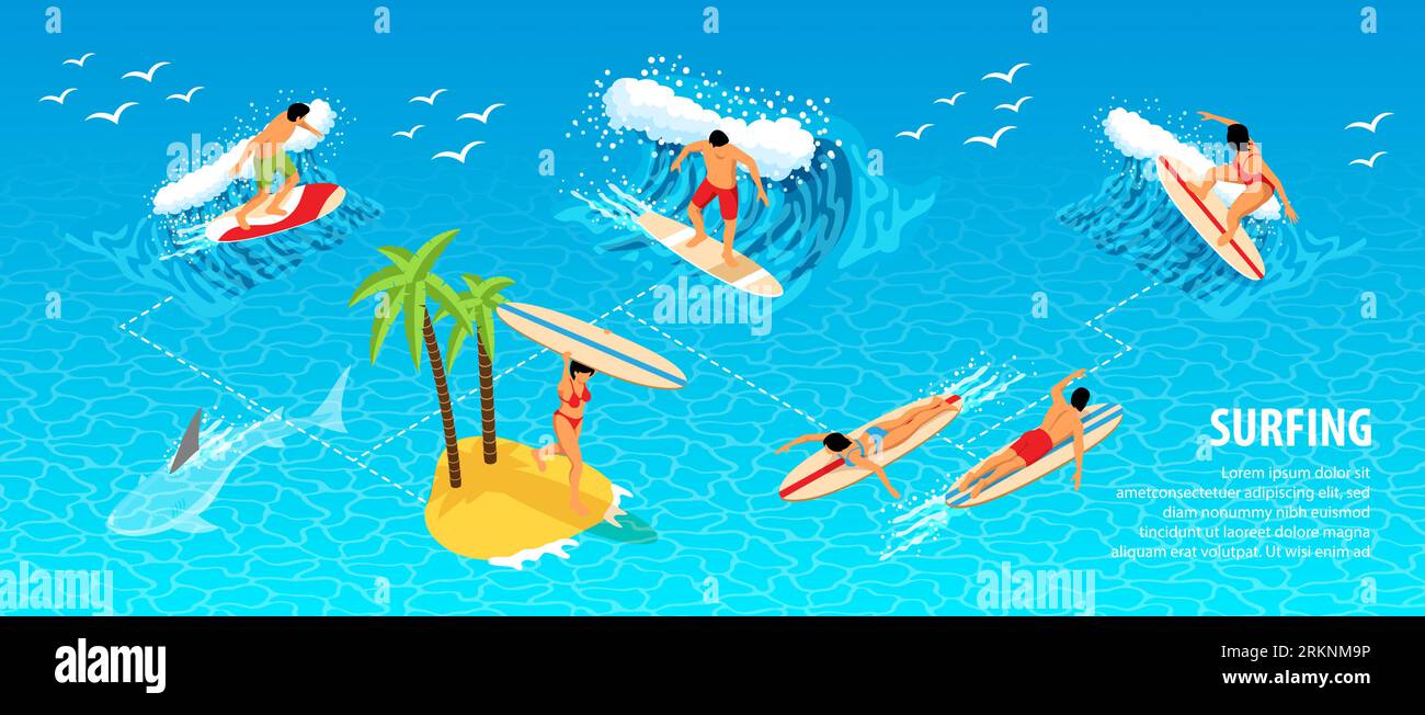 Surfing isometric infographics with people engaged in water sports ...
