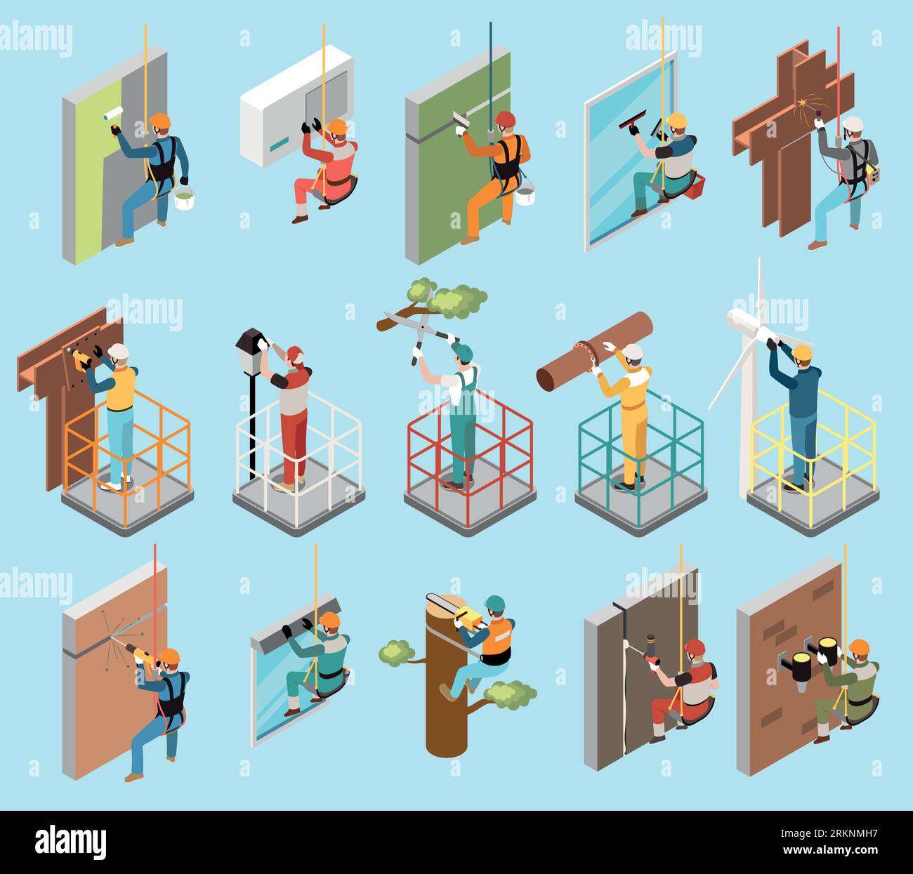 Height work isometric set of people working in field of industrial ...