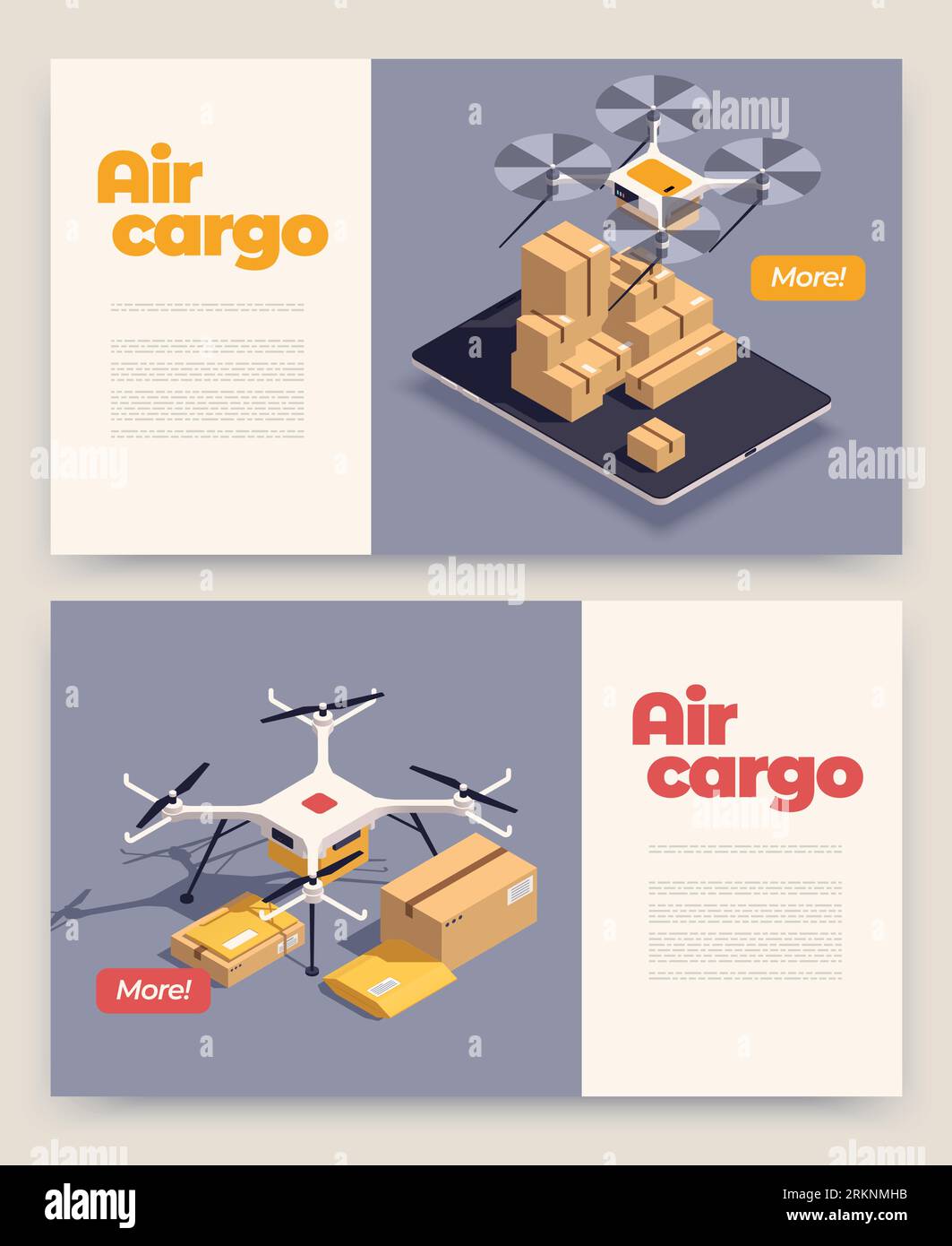 Air cargo isometric banner set with drones delivering cardboard boxes ...