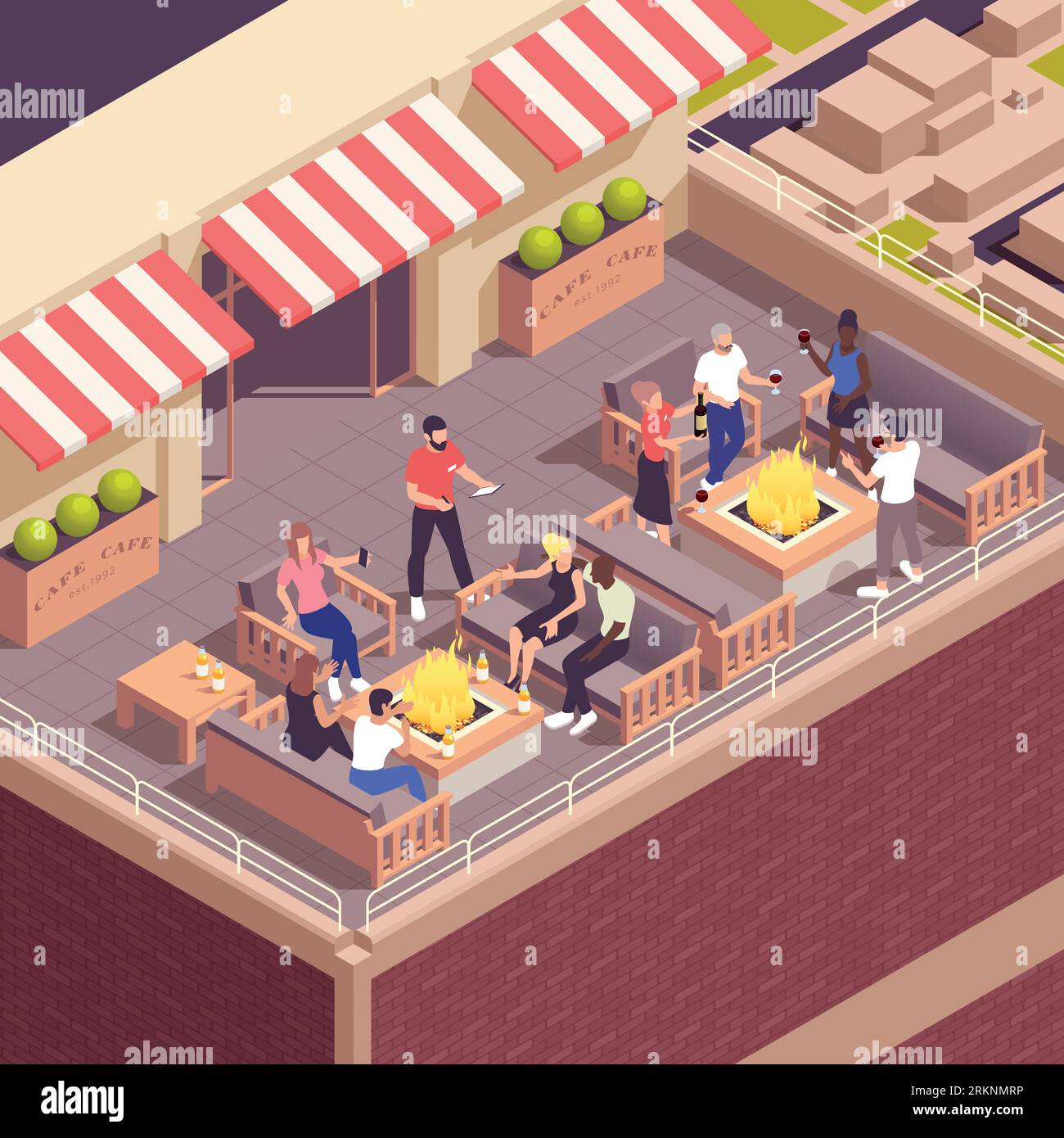 Street cafe isometric concept with restaurant on roof top terrace ...