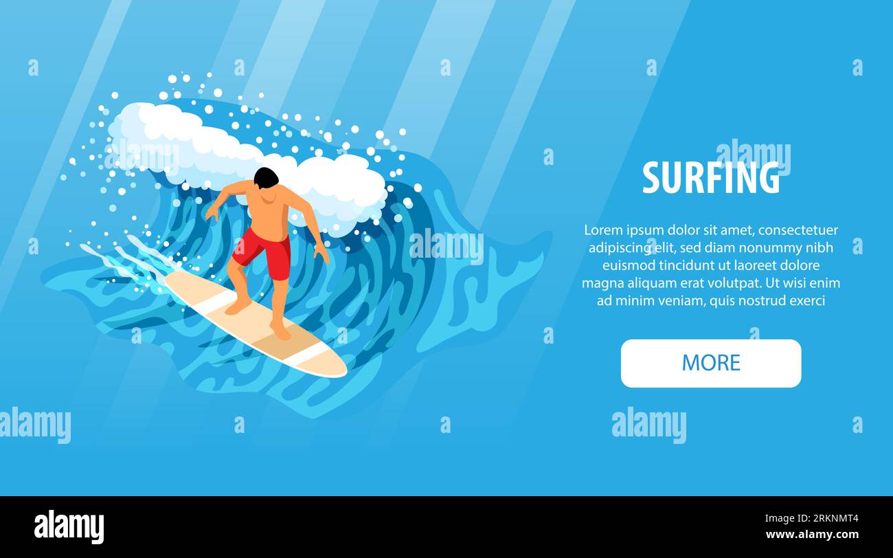 Surfing horizontal blue banner with sportsman on surfboard engaged in ...