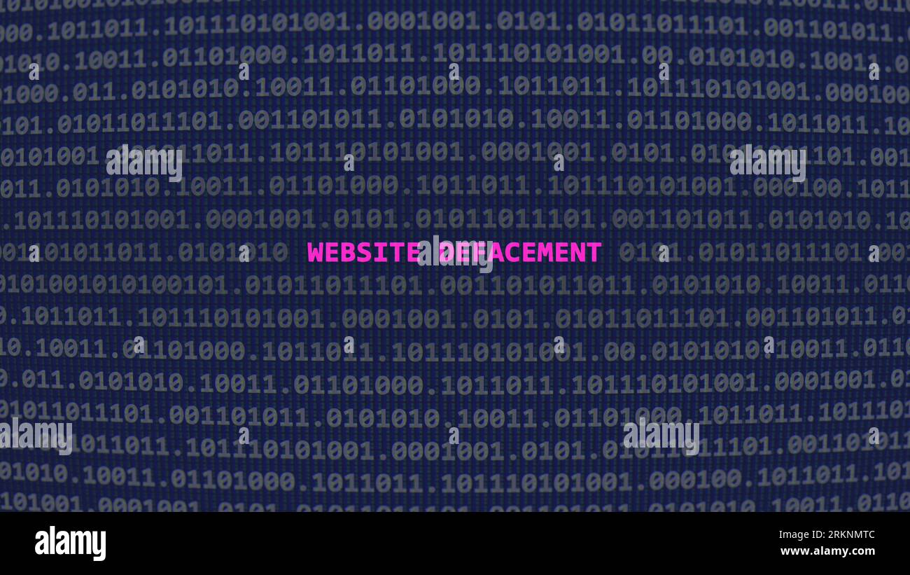Cyber attack website defacement. Vulnerability text in binary system ascii art style, code on ...