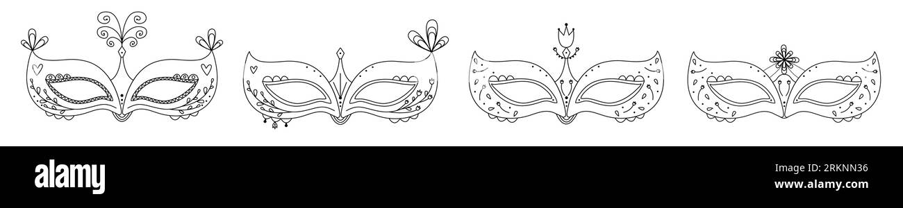Masquerade masks set, four black line illustrations Stock Vector Image ...