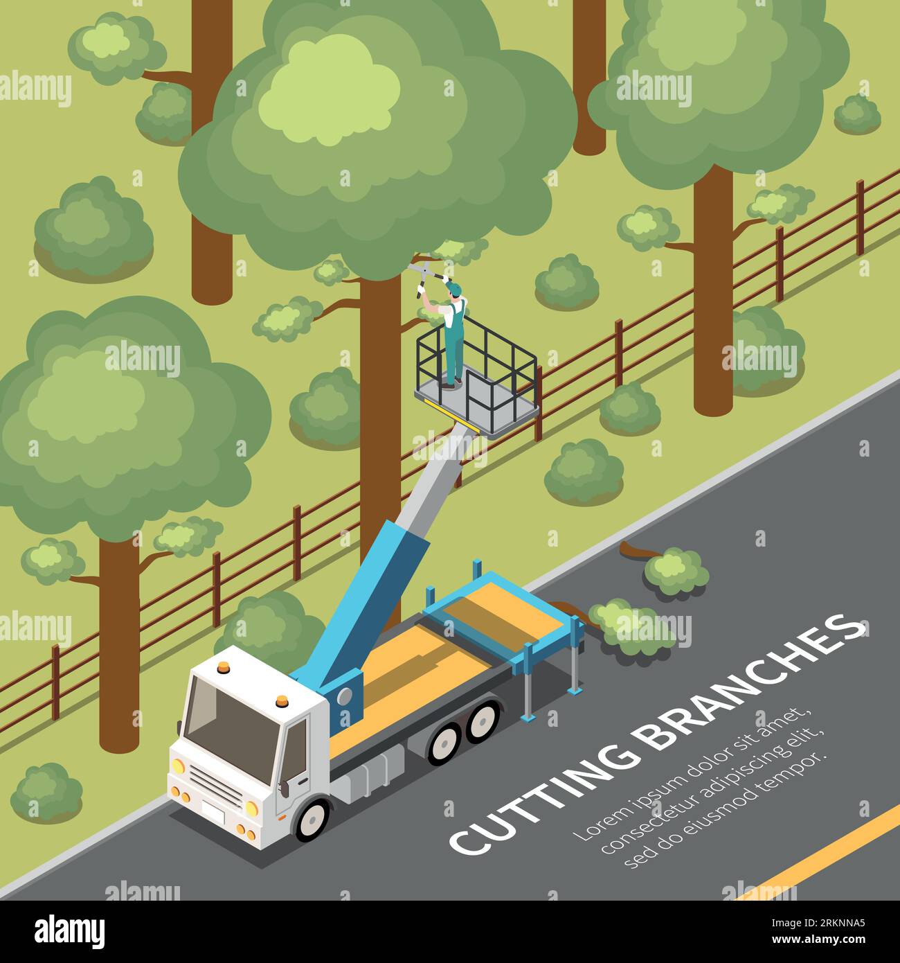 Cutting branches isometric background with man in uniform working on ...